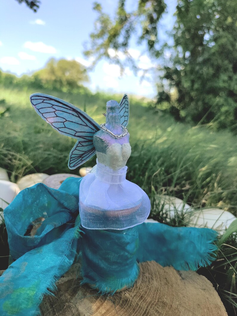 Iridescence Spool Sprite Figurine, Blue Dragonfly Fairy With Silk Sari ...