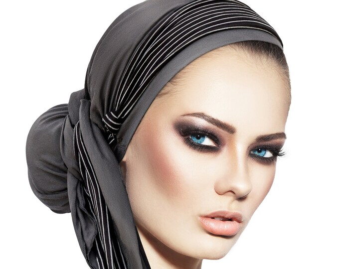 Gray Head Scarf Black Stripe Wrap Tichel Chemo Head Scarf Hair Snood ...