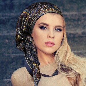 Navy Blue Headscarf Satin Gold Floral Non Slip Head Cover for Women ...