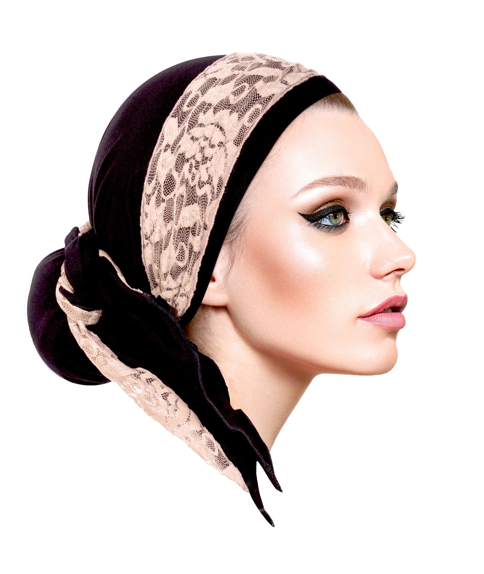 Black Head Scarf Beige Lace Snoods Pre Tied Bandana Head - Etsy