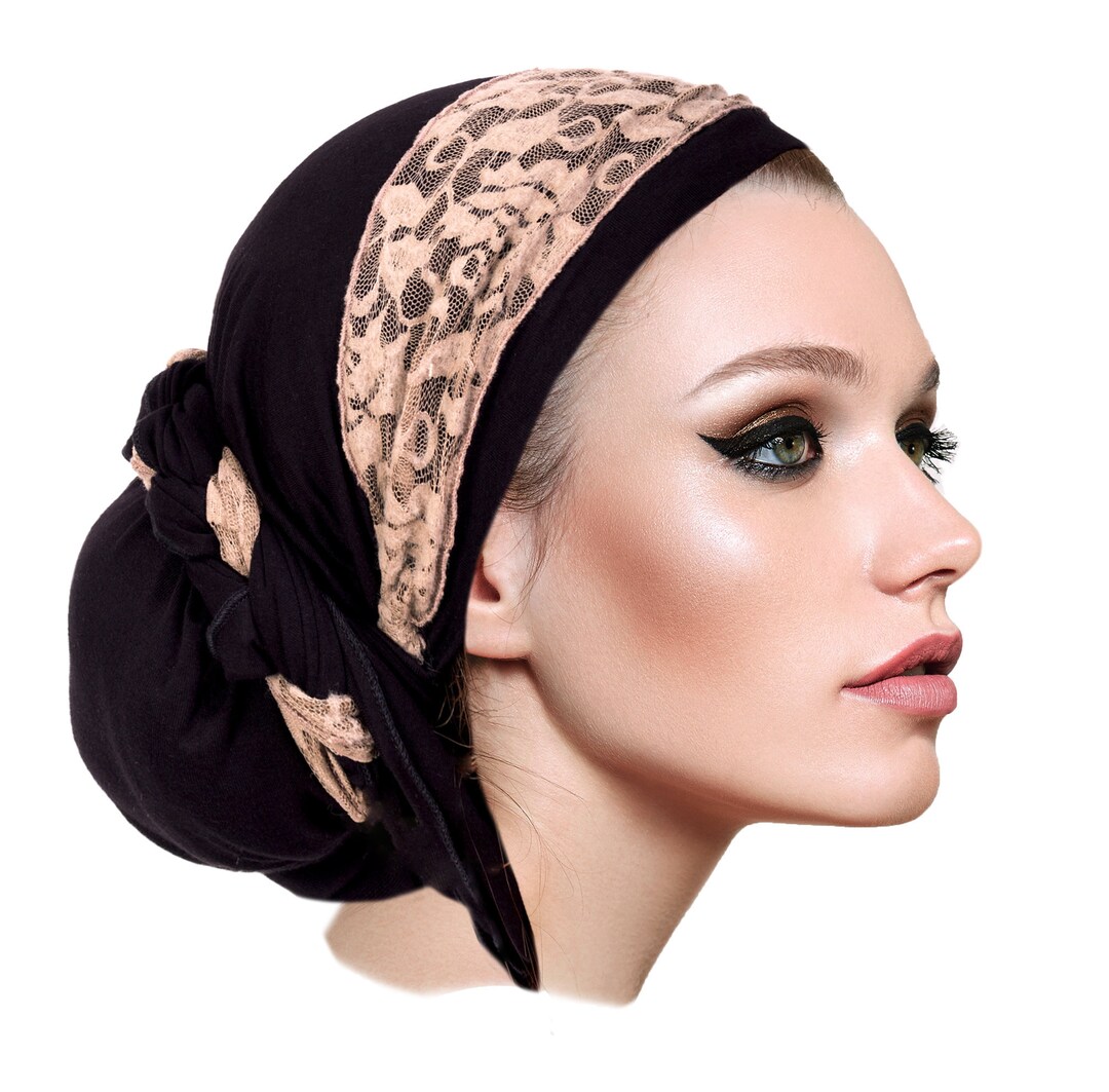 Black Head Scarf Beige Lace Snoods Pre Tied Bandana Head Scarves Hair ...