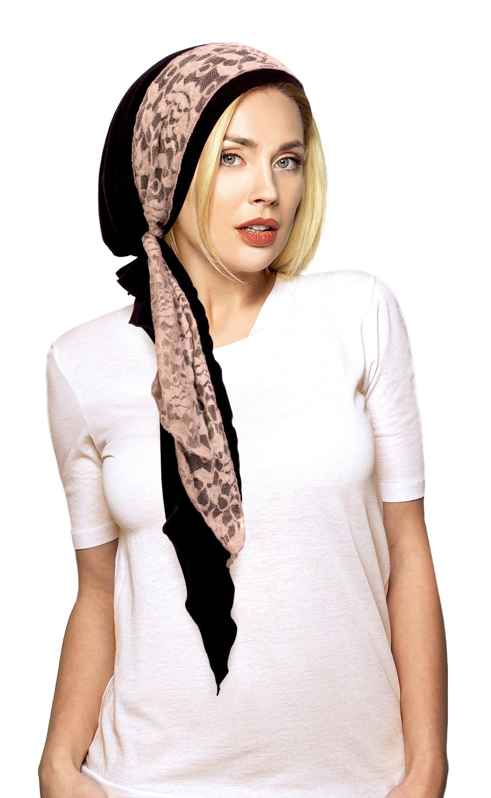 Black Head Scarf Beige Lace Snoods Pre Tied Bandana Head | Etsy