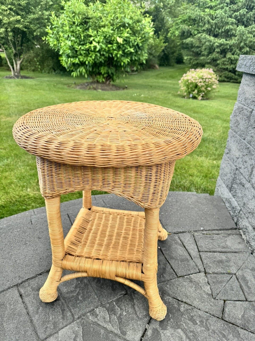 Vintage Wicker Round End Table Accent Side Plant Table Stand Two Tier ...