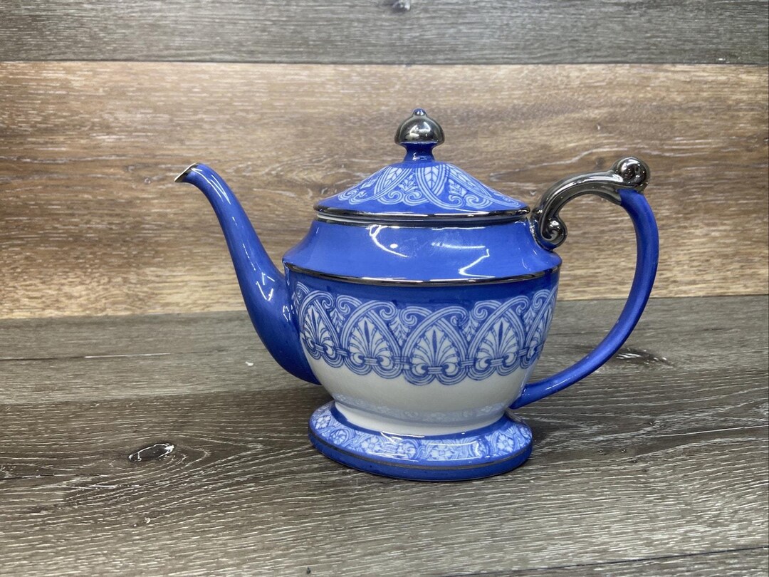 Bombay Company Cobalt Blue & White Teapot With Lid Platinum Trima - Etsy