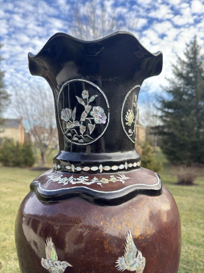 Vintage Asian Lacquer Vase W/ Mother-of-pearl Inlay Birds & Florals 22 ...