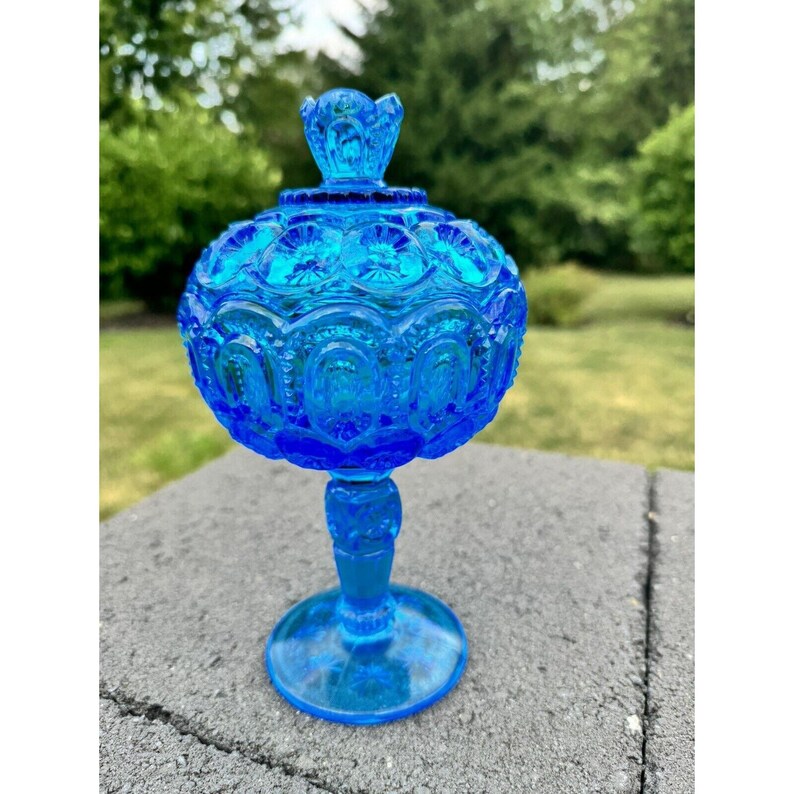 VINTAGE Weishar Moon and Star Glass Large Colonial Blue With Lid 8.5 ...