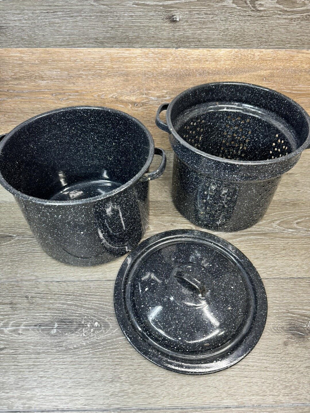 Vintage Enamelware 3 Piece Double Boiler Stock Pot H10.5x D9.5”black ...
