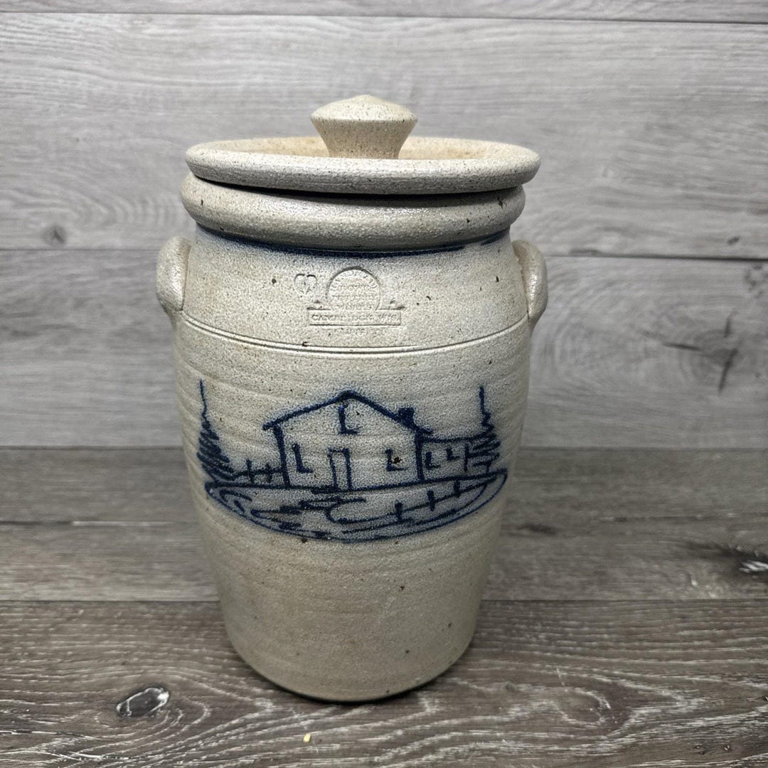 1982 Rowe Pottery Works Canister Crock W/lid Blue Farm House Scene ...