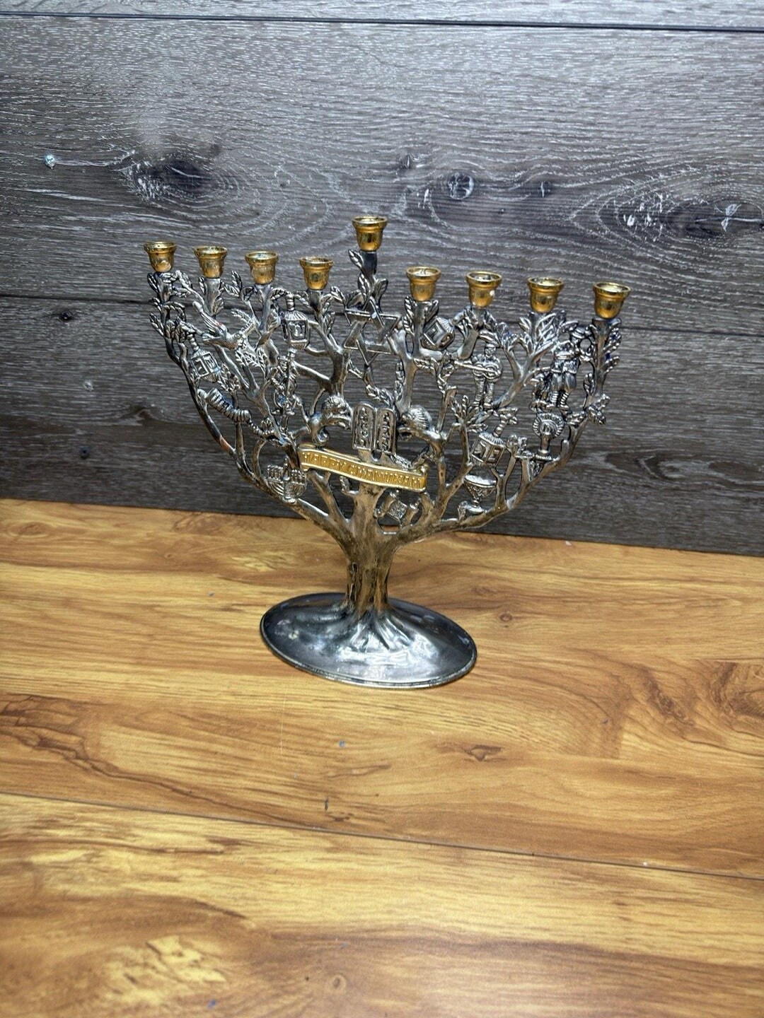 Godinger 9 Arm Menorah Tree of Life Happy Chanukah Silverplate & Gold ...