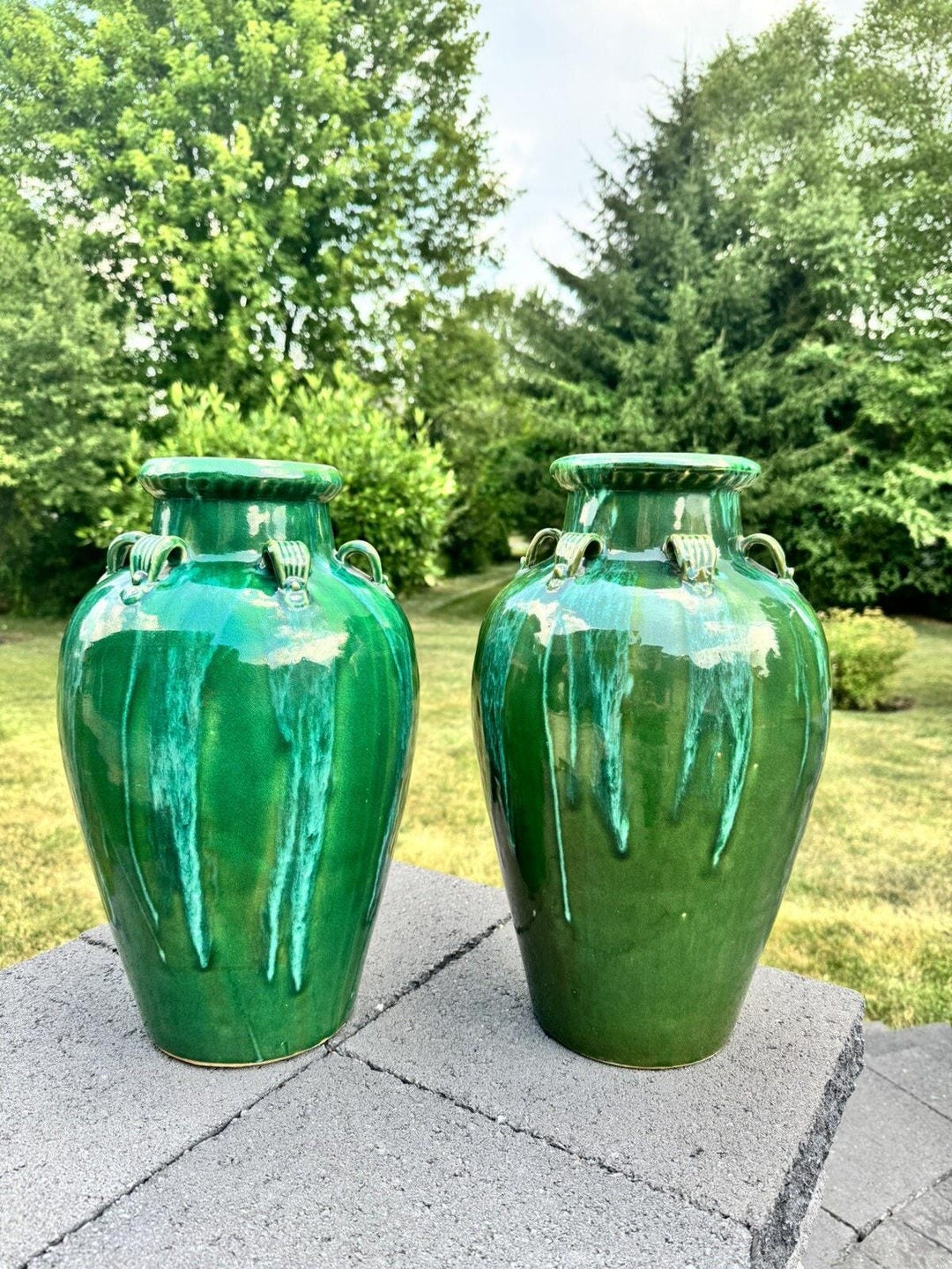 VTG Chinese Martaban Pottery Green Drip Glaze Ceramic Floor Vase 16.5 ...