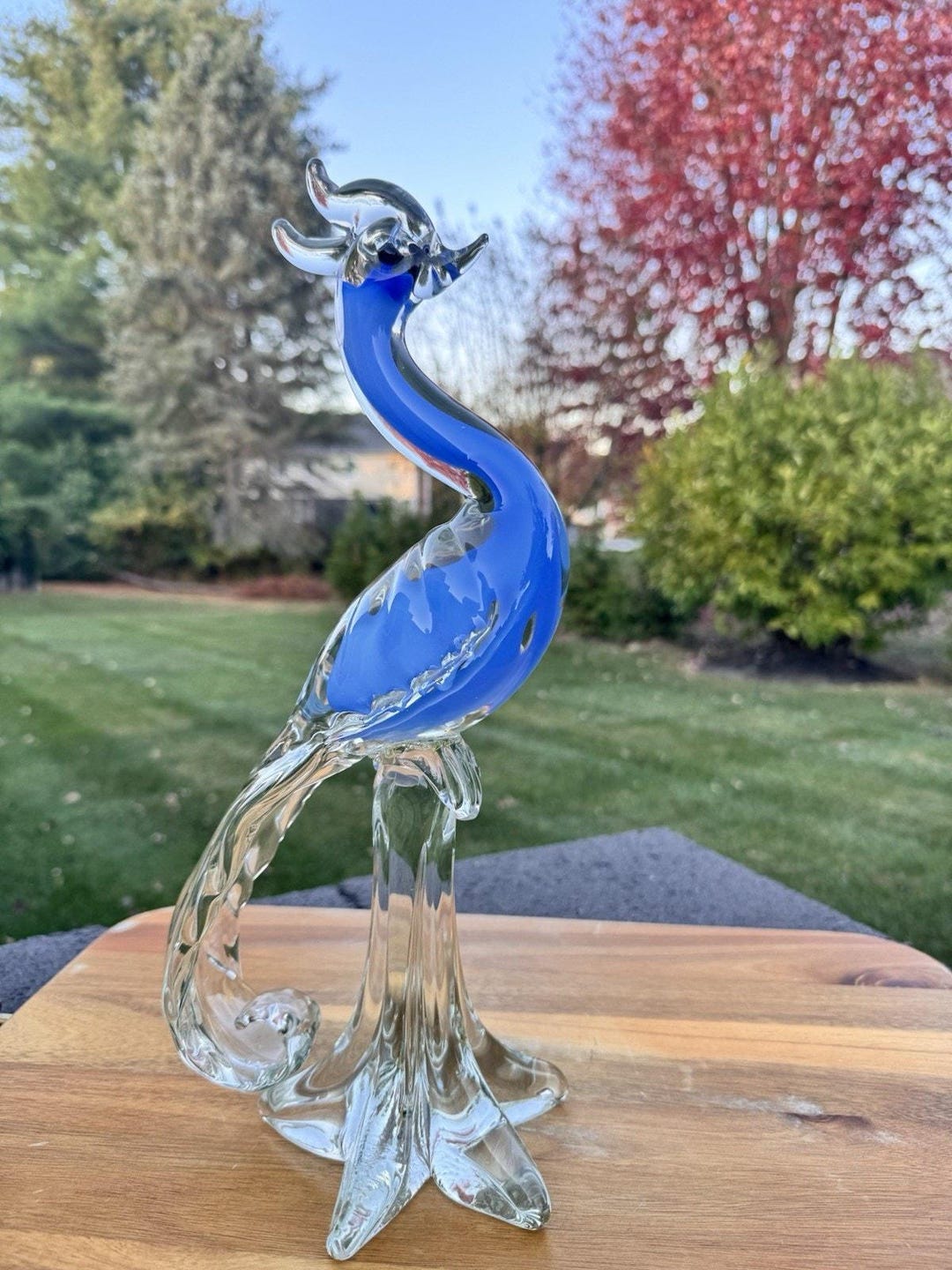 Murano Hand-blown Art Glass Peacock – 15” Tall Blue & Clear Bird ...