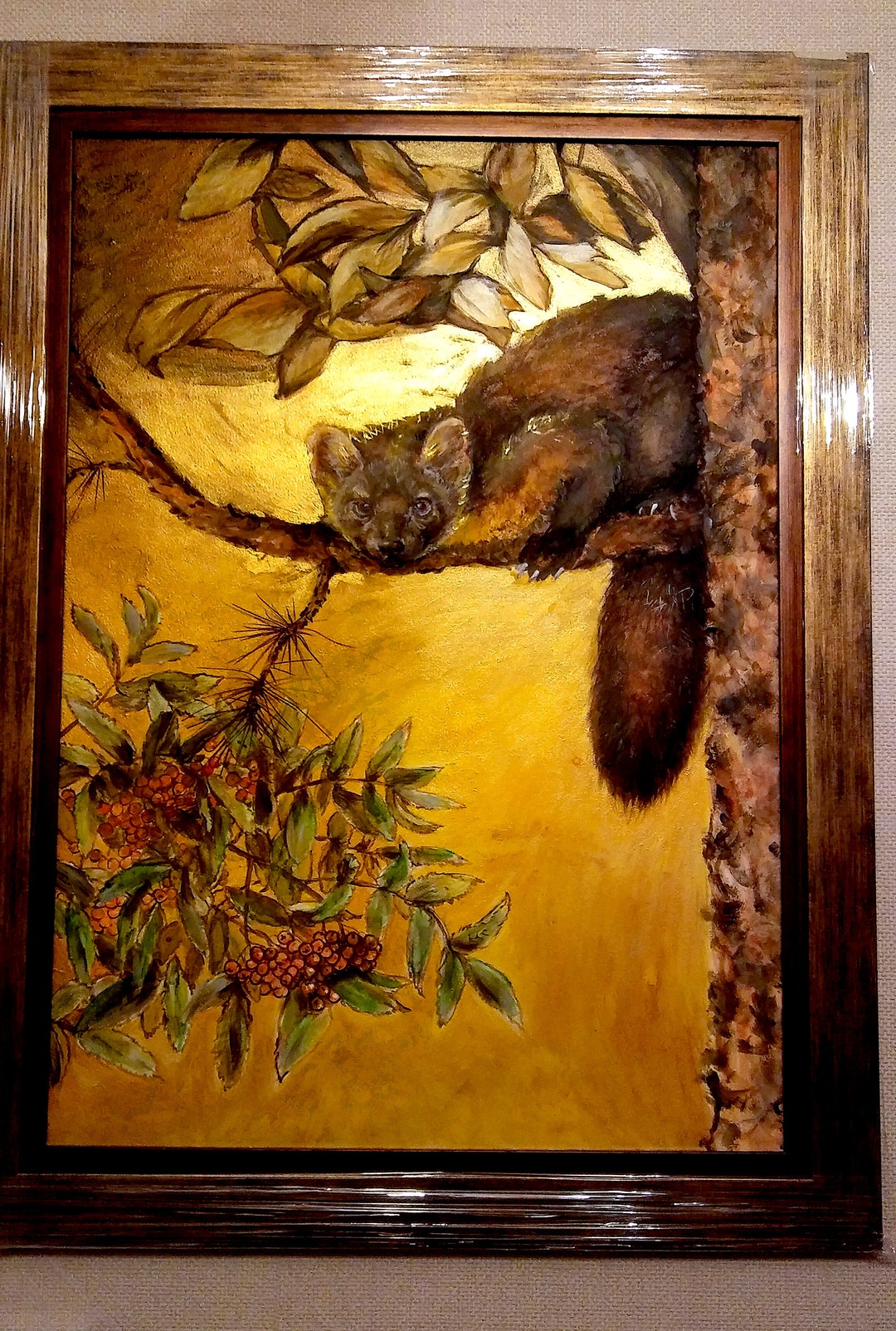 Golden Acrylic Painting, Marten in a Forest Landscape, Original Framed ...