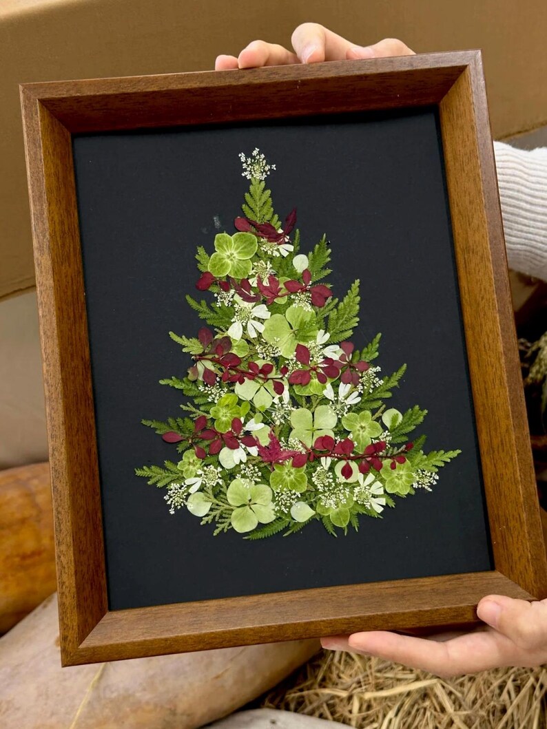 Pressed Flower Christmas Tree Art | Vintage Gold Frame - Etsy
