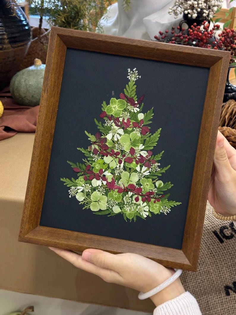 Pressed Flower Christmas Tree Art | Vintage Gold Frame - Etsy
