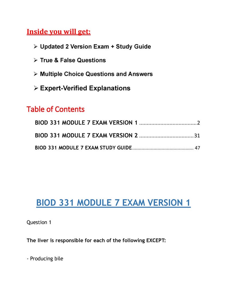 BIOD 331 / NURS 231 Pathophysiology – Module 7 Exam (2 Version Exam ...