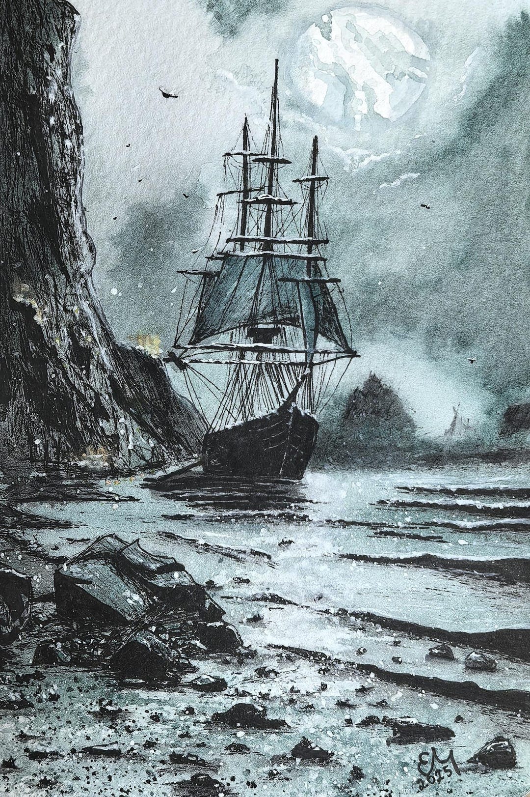 Original Watercolor & Ink Ship Painting, Moonlit Seascape, Ghost Pirate ...