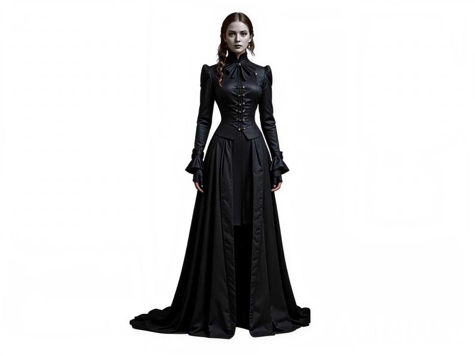Womens Black Gothic Victorian Maxi Dress Corset Waist Long Sleeve 4350