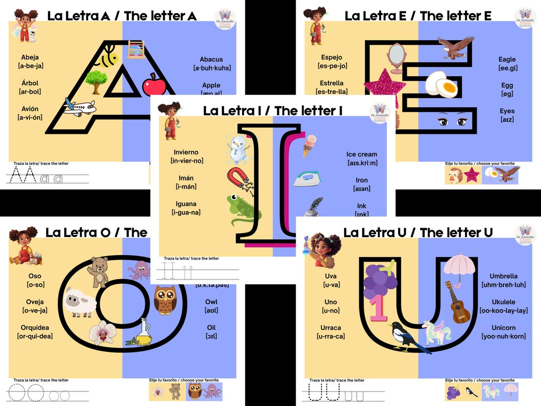 Bilingual Vowels A E I O U Spanish English | Alphabet Tracing ...