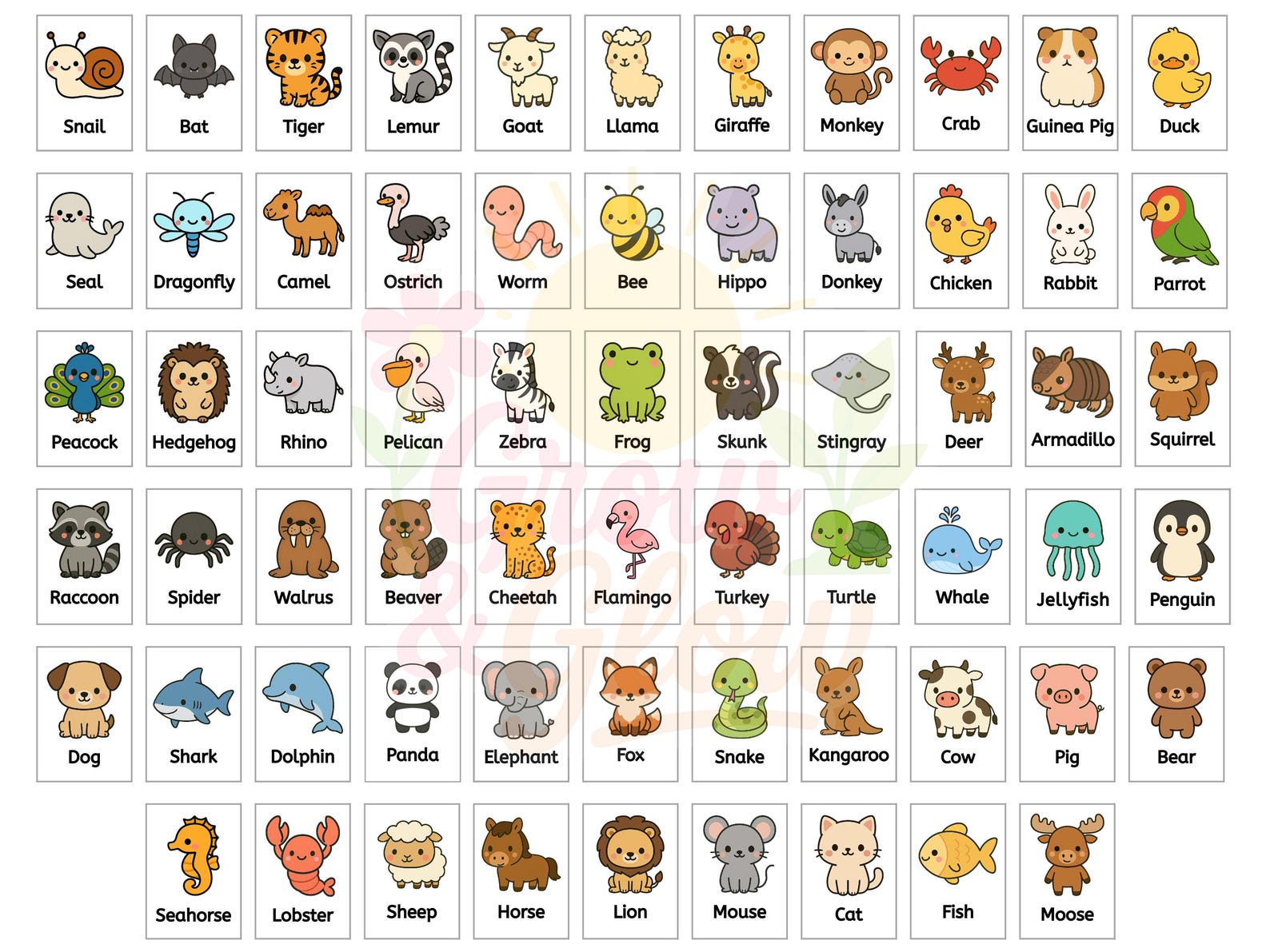 64 Kawaii Animal Flashcards for Kids Printable Flashcards Animal ...