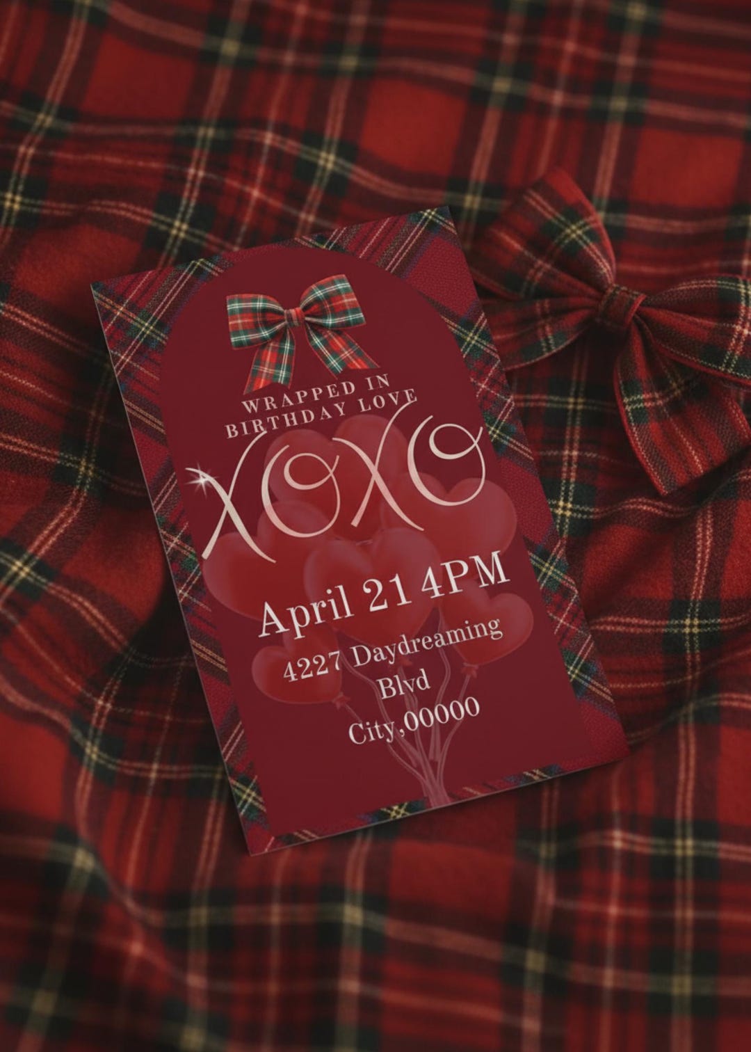 Plaid Birthday Invitation | Cozy Hearts, Bow Design (editable Digital ...