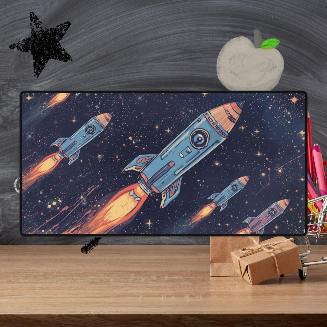 Rocket Launch Desk Mat | Vintage Galaxy Theme, STEM Decor - Etsy