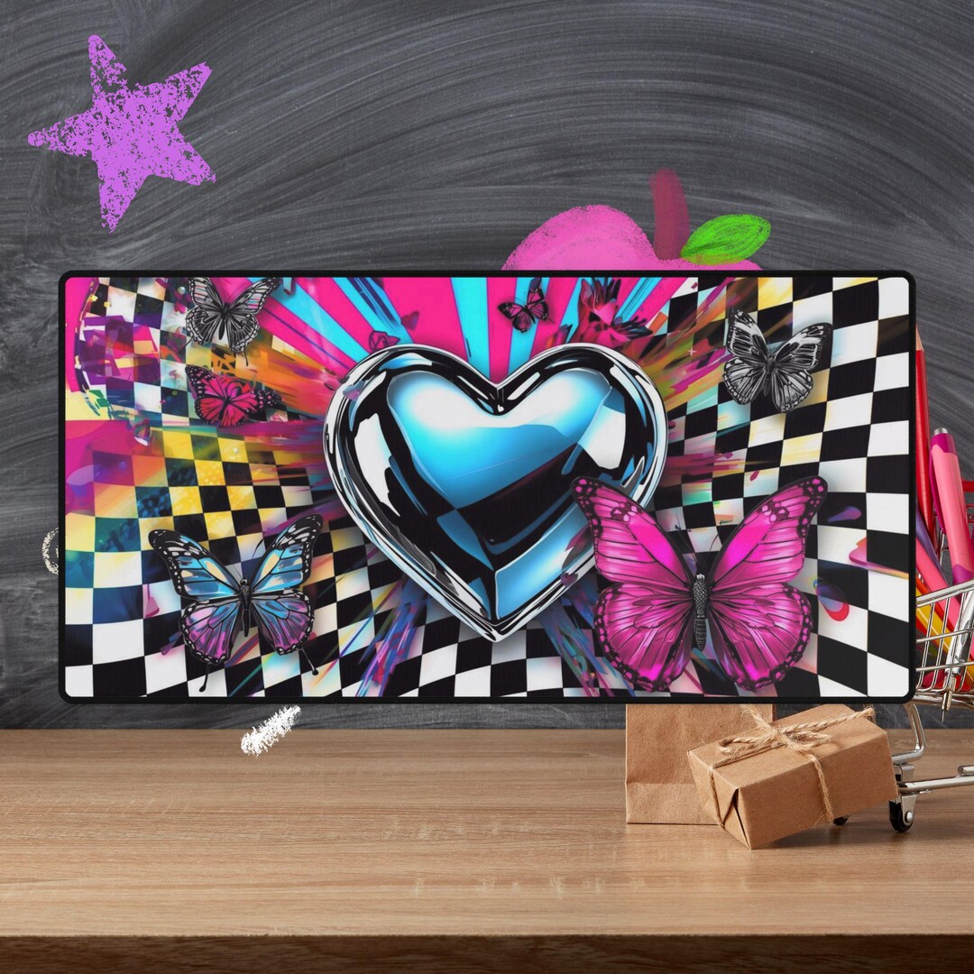 Y2K Desk Pad: Chrome Heart, Butterfly Checkerboard Decor - Etsy
