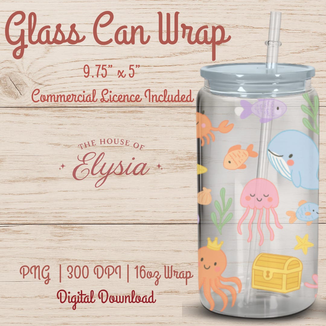 Cute Kawaii Ocean Digital Glass Can Wrap, Hand Drawn, Digital Download ...