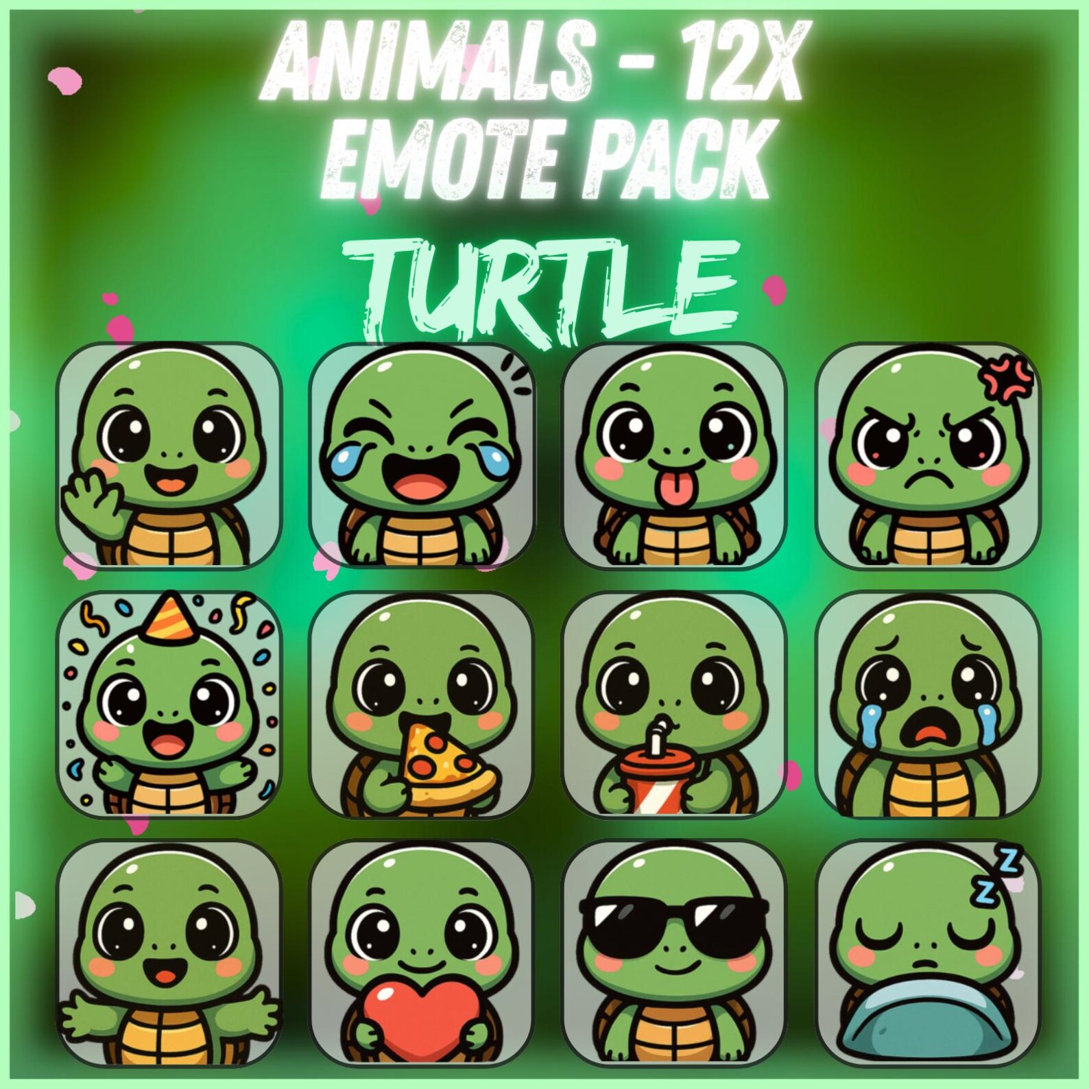 Kawaii Turtle Animal Emote Pack – 12 Cute Chibi Twitch & Discord Emote ...