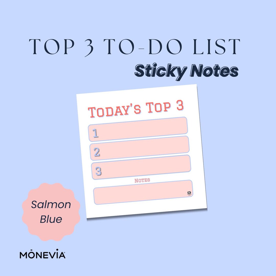 Salmon Blue Top 3 To-do List Sticky Notes | Minimalist Daily Priorities ...