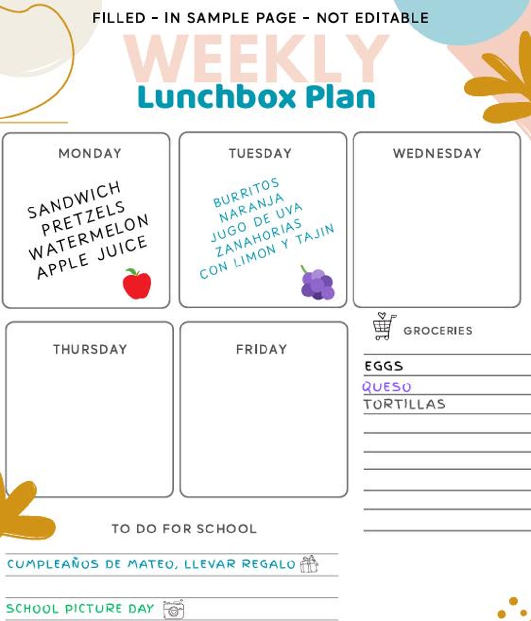 Kids Lunchbox Planner Printable - Weekly School Lunch Menu Organizer ...