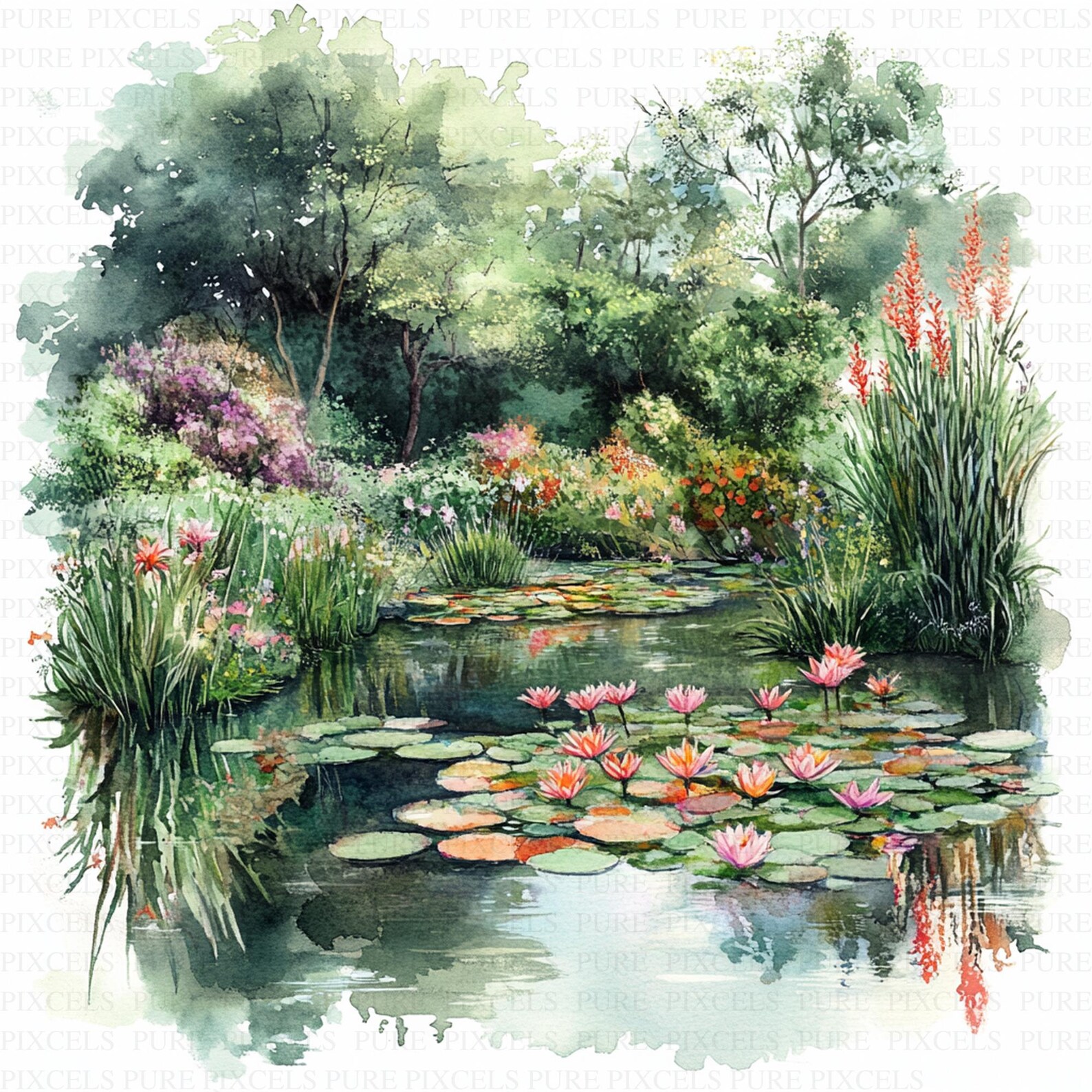 Watercolor Floral Garden With Pond Clipart | 5 High Quality Jpgs ...