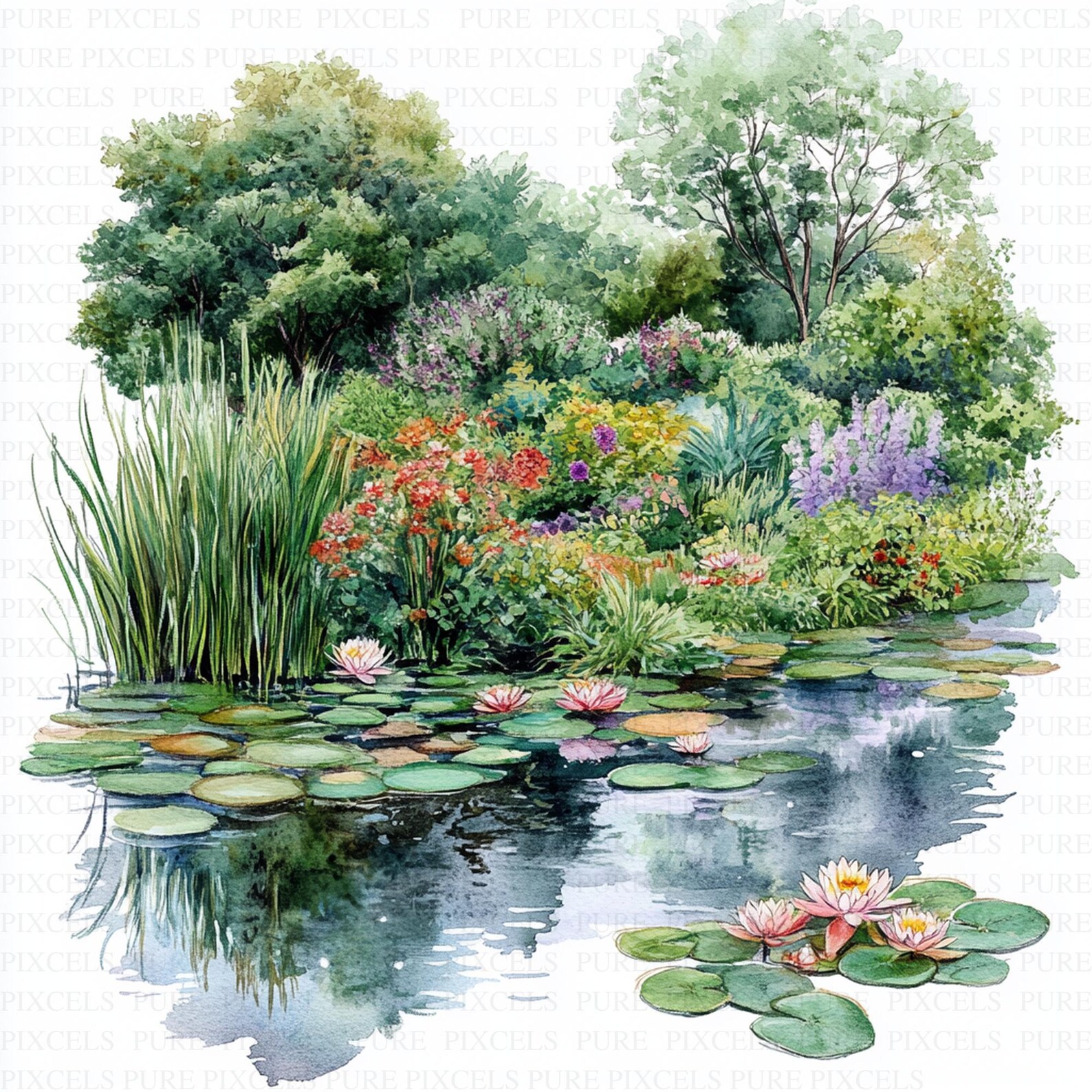 Watercolor Floral Garden With Pond Clipart | 5 High Quality Jpgs ...