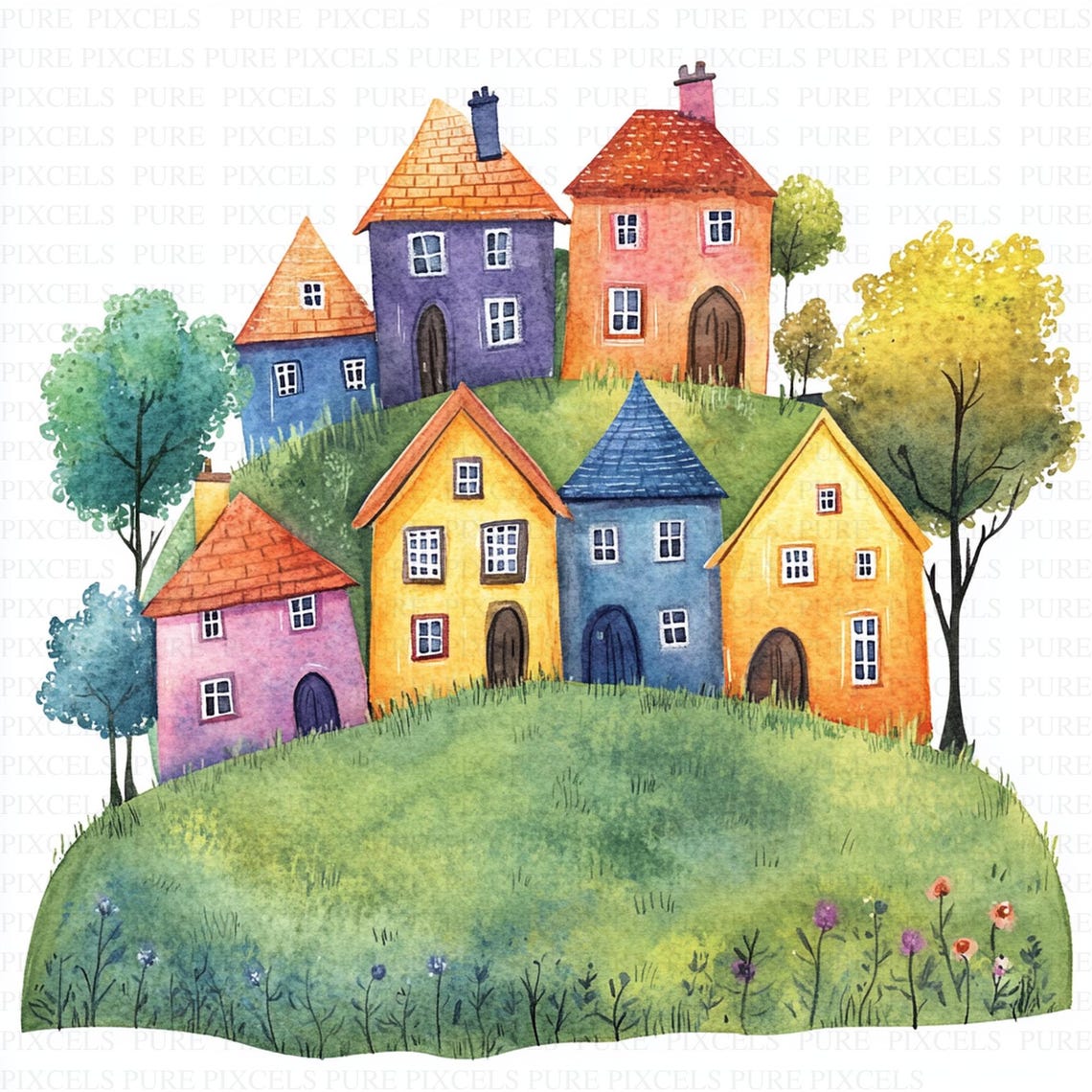 Watercolor Purple Village Clipart | 5 Jpeg's | Digital Download ...