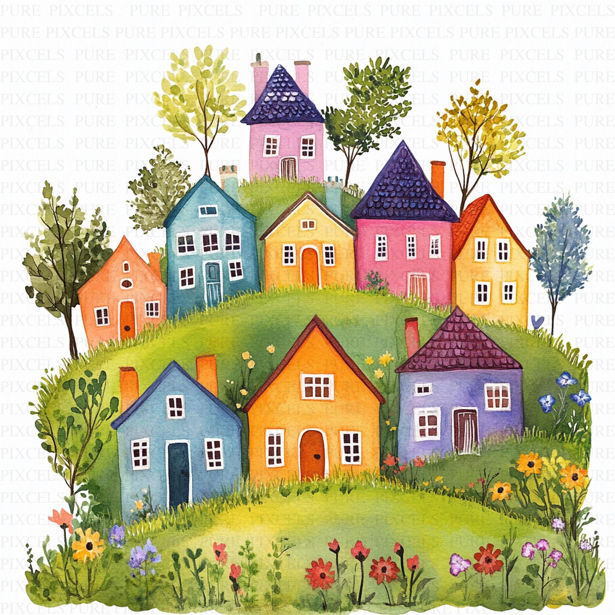 Watercolor Purple Village Clipart | 5 Jpeg's | Digital Download ...