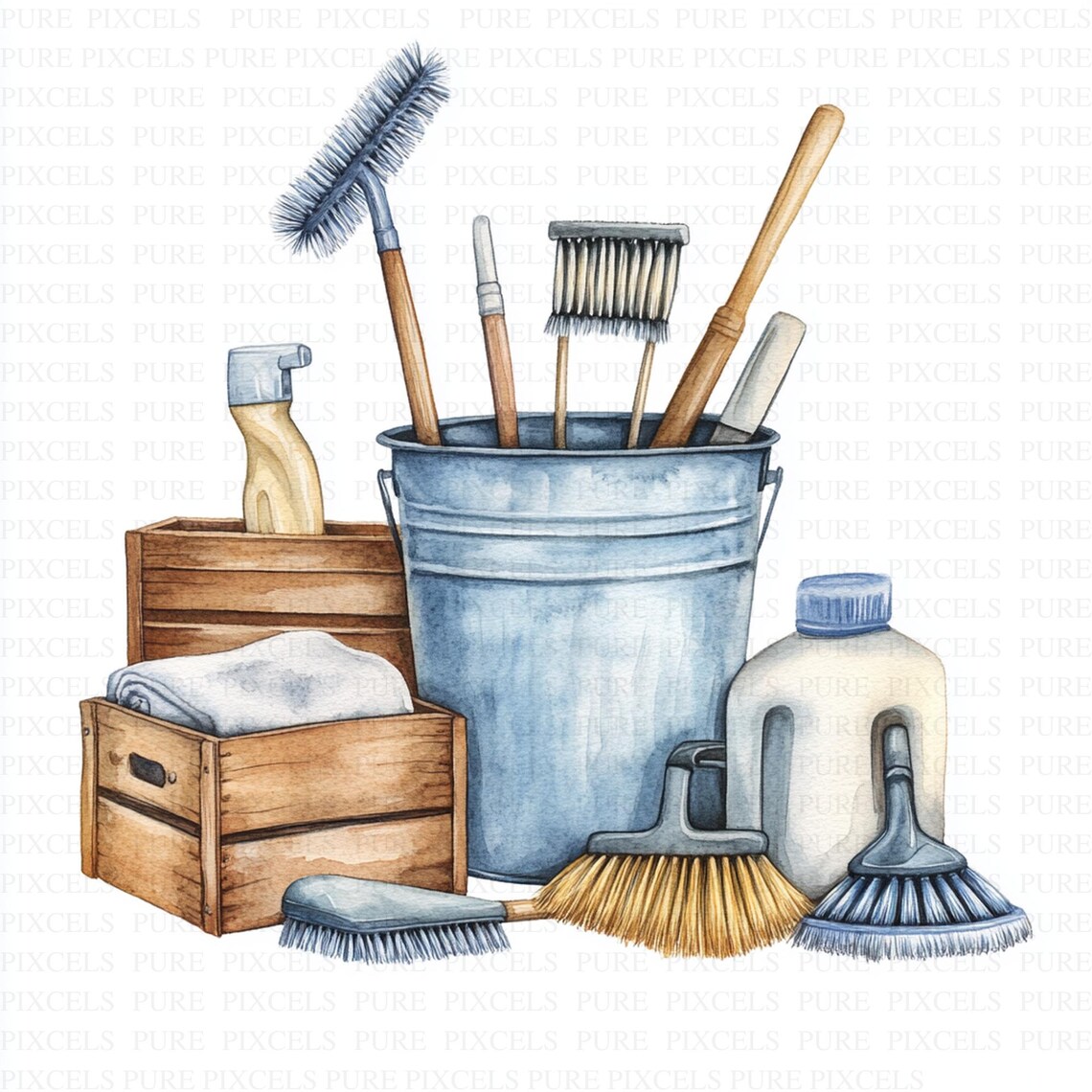 Watercolor Rustic Cleaning Tools Clipart | 5 High Quality Jpgs ...