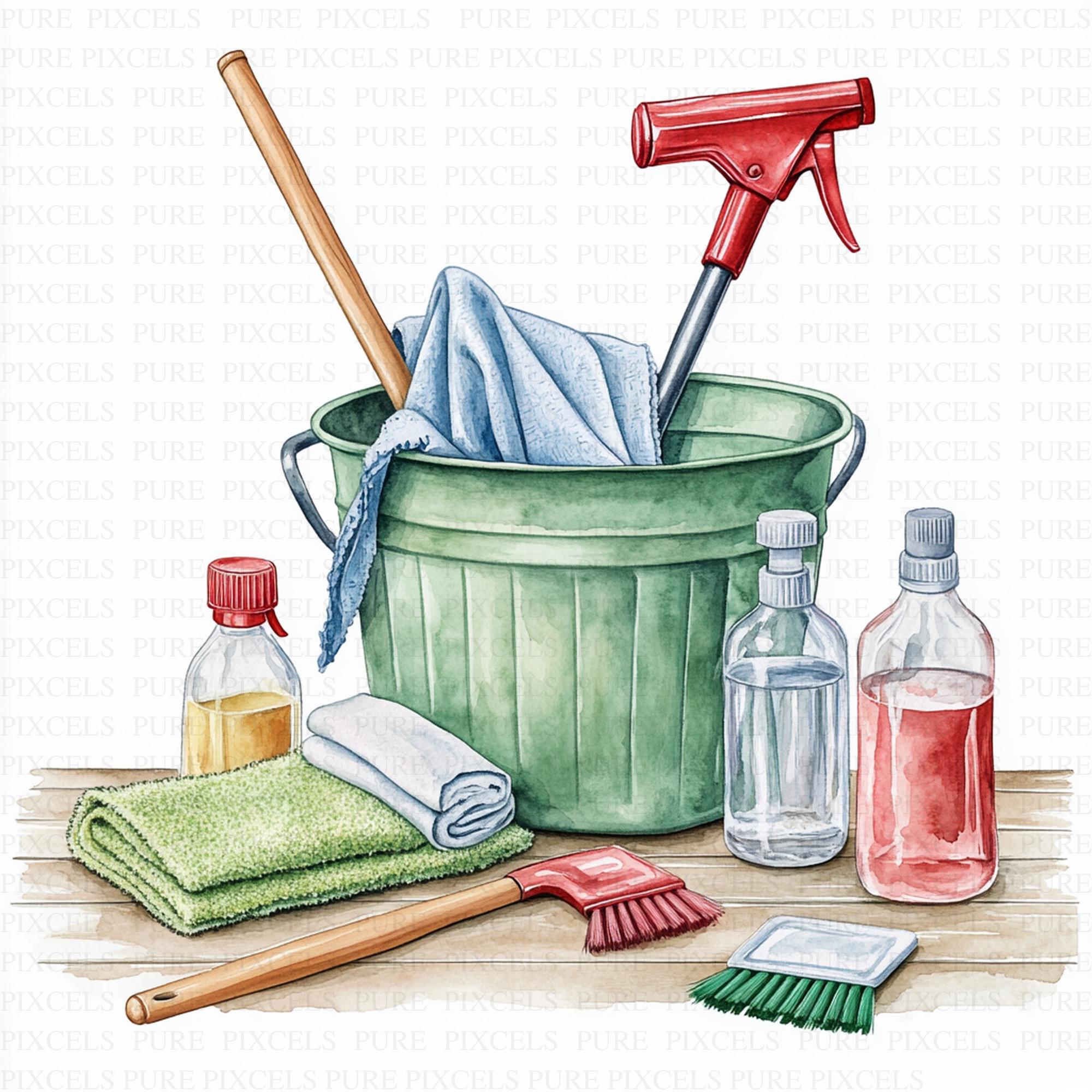 Watercolor Rustic Cleaning Tools Clipart | 5 High Quality Jpgs ...