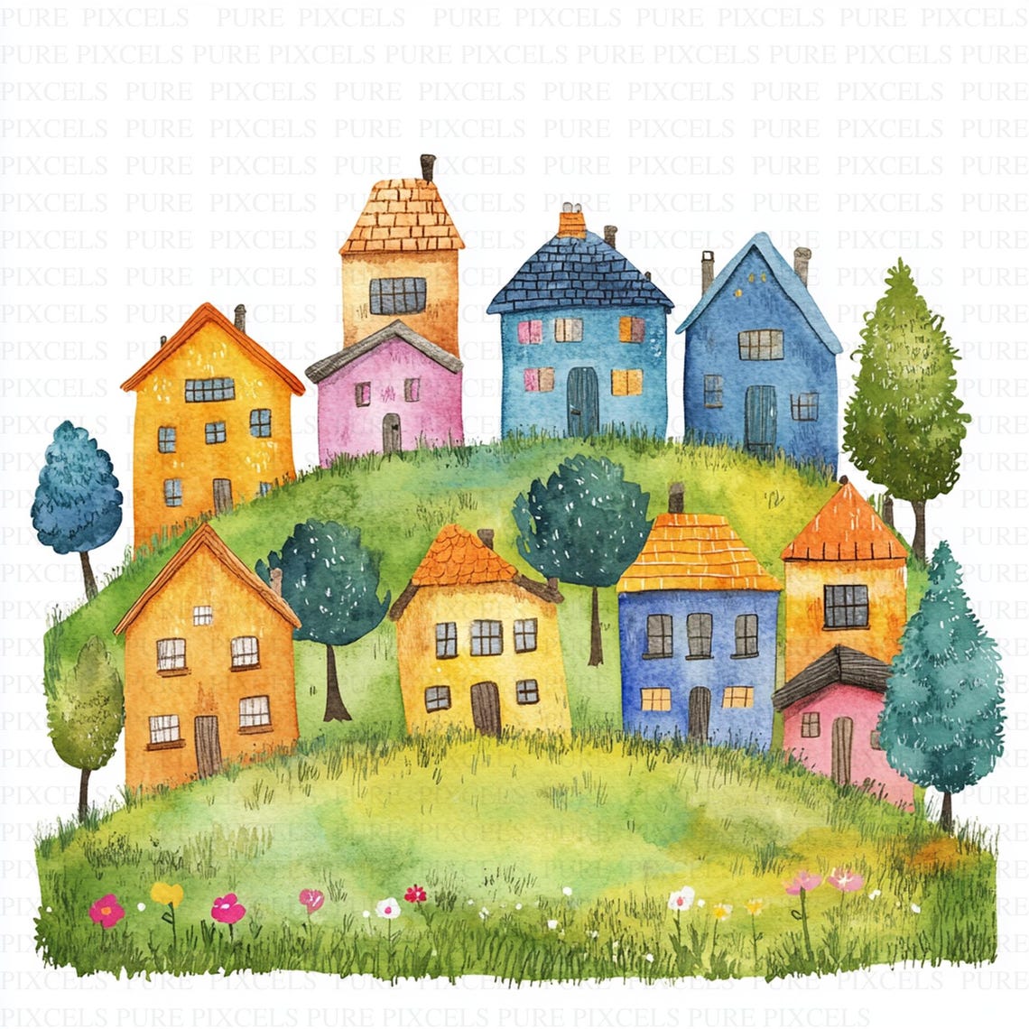 Watercolor Purple Village Clipart | 5 Jpeg's | Digital Download ...