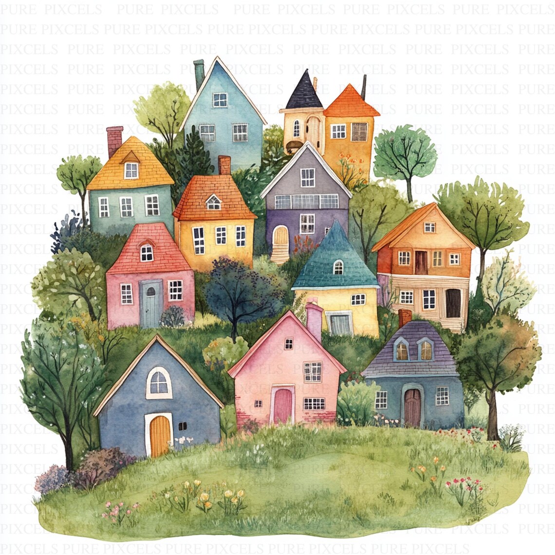 Watercolor Purple Village Clipart | 5 Jpeg's | Digital Download ...