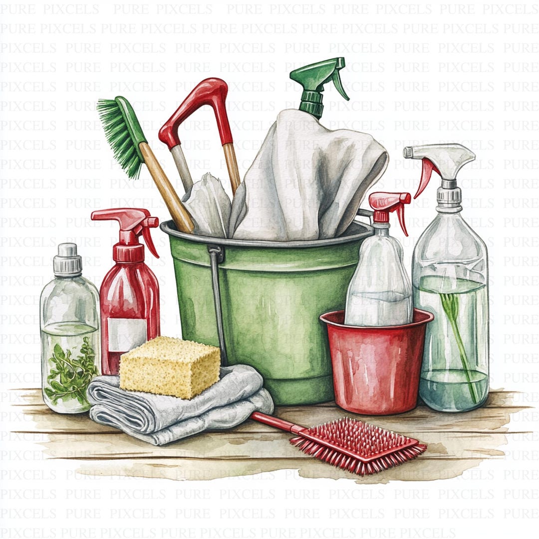 Watercolor Rustic Cleaning Tools Clipart | 5 High Quality Jpgs ...