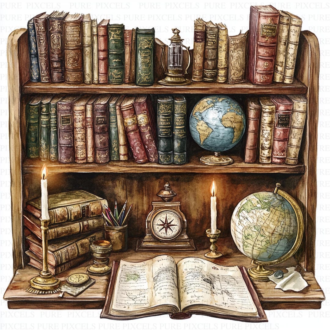 Watercolor Vintage Bookshelf Clipart | 5 High Quality Jpgs | Digital ...