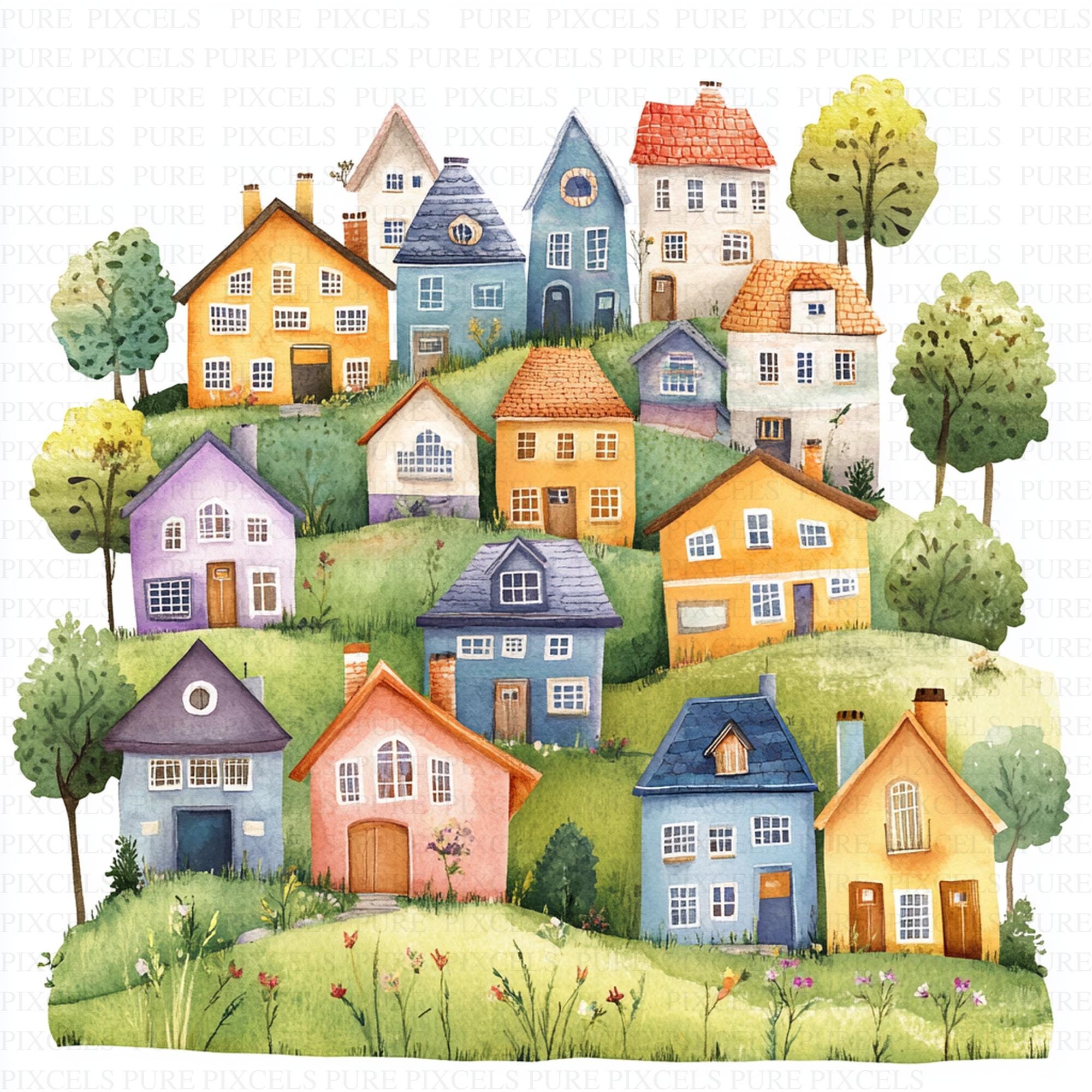Watercolor Purple Village Clipart | 5 Jpeg's | Digital Download ...