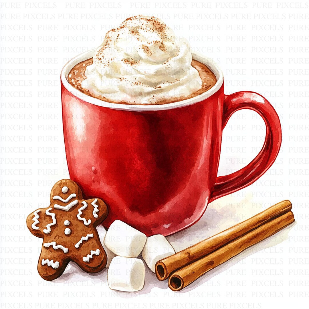 Watercolor Hot Cocoa Red Mug & Gingerbread Clipart | 5 High Quality ...