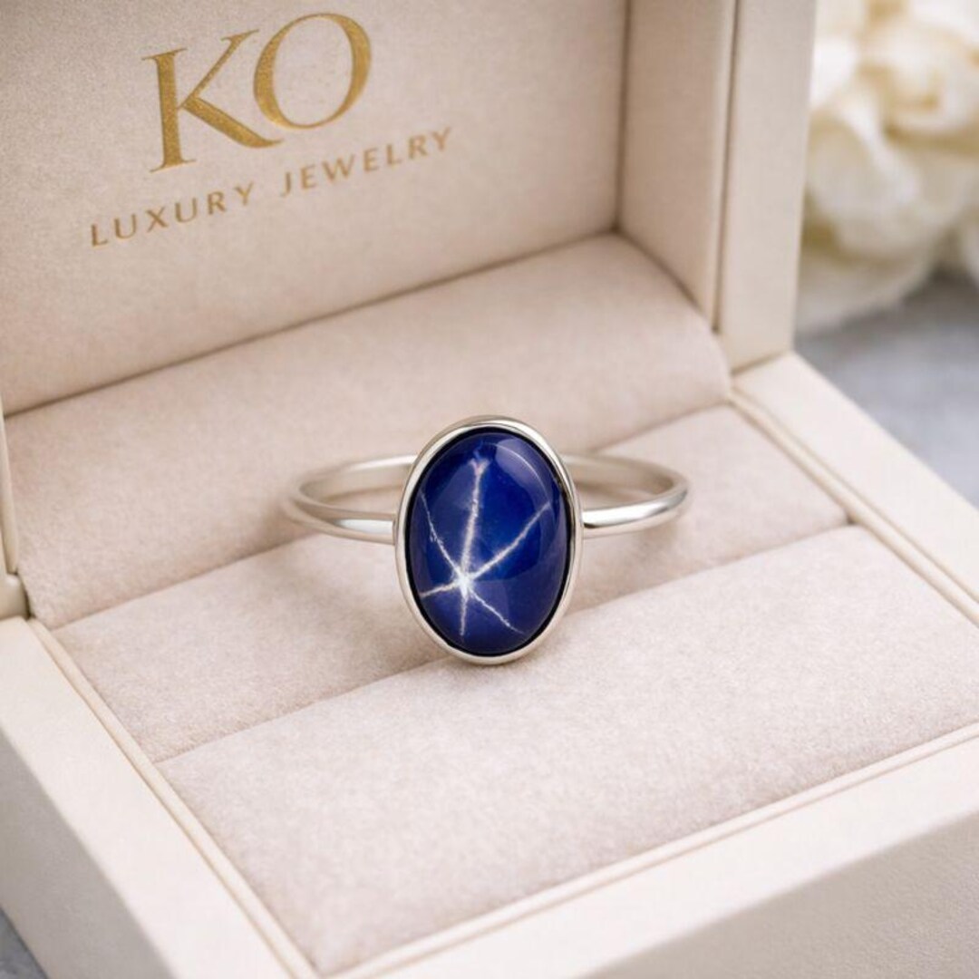 Blue Star Sapphire Ring, Oval Star Gemstone Ring in Sterling Silver ...