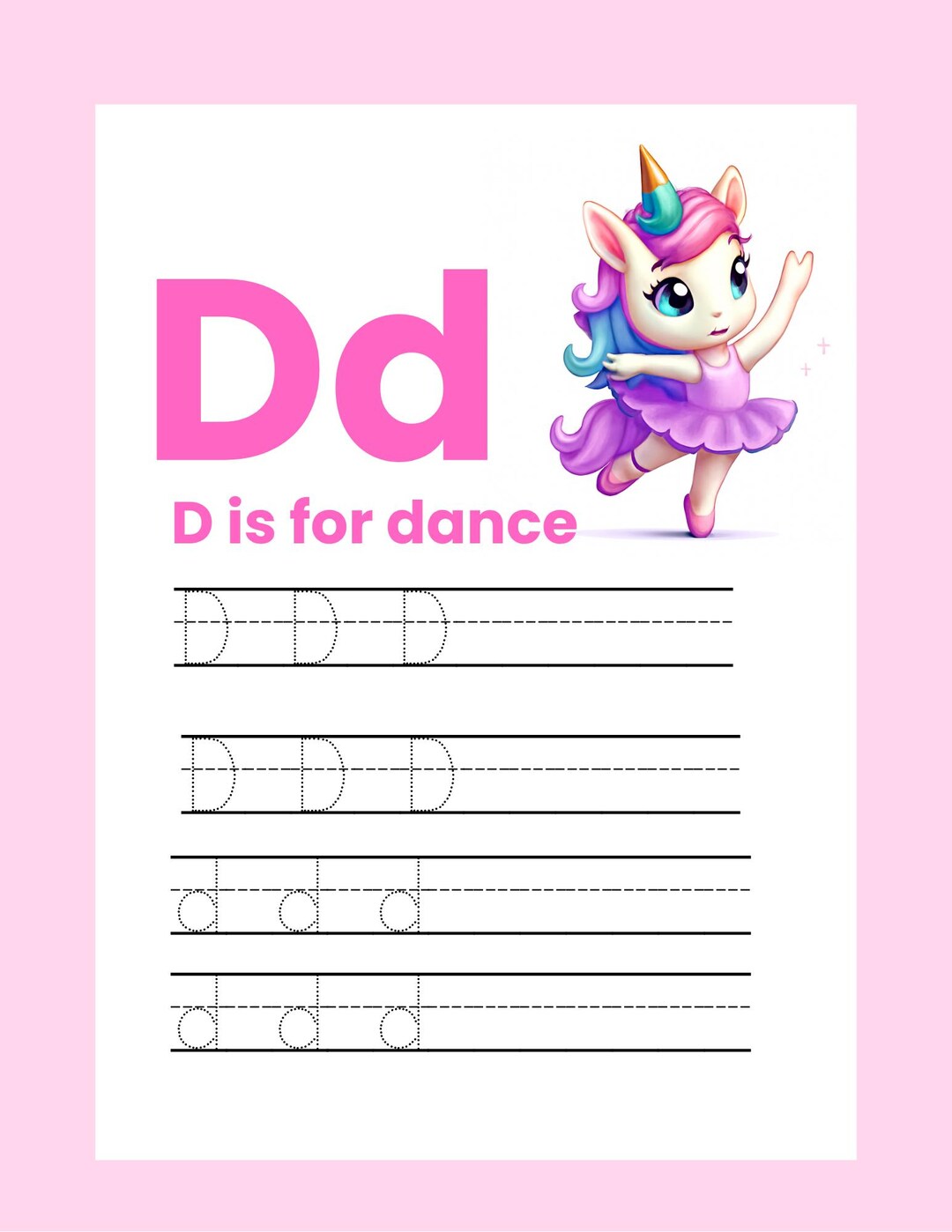 D is for Dance Unicorn Tracing Worksheet – Preschool Alphabet Printable ...