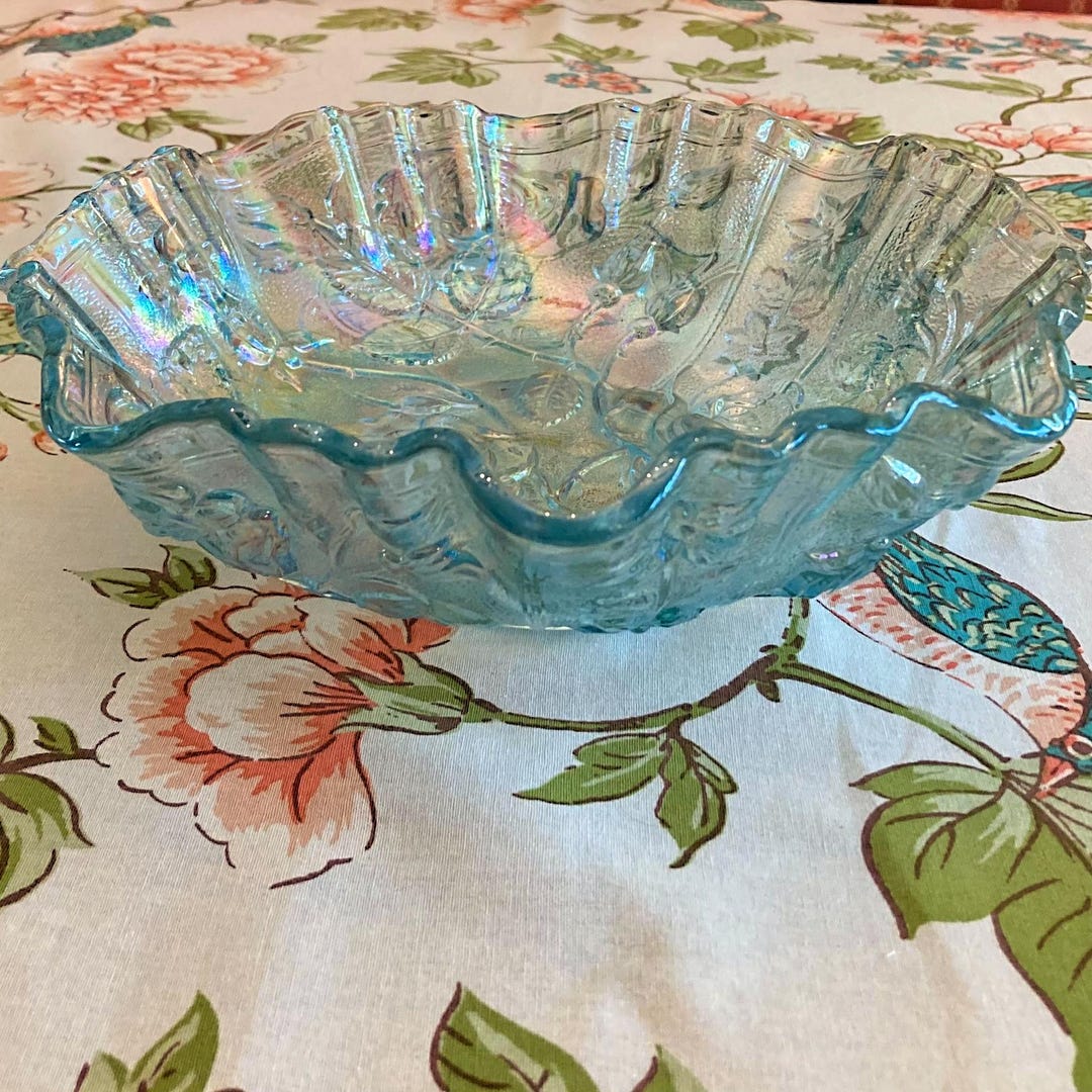 Vintage Imperial Glass Luster Rose Bowl: Iridescent Aqua Carnival Glass ...
