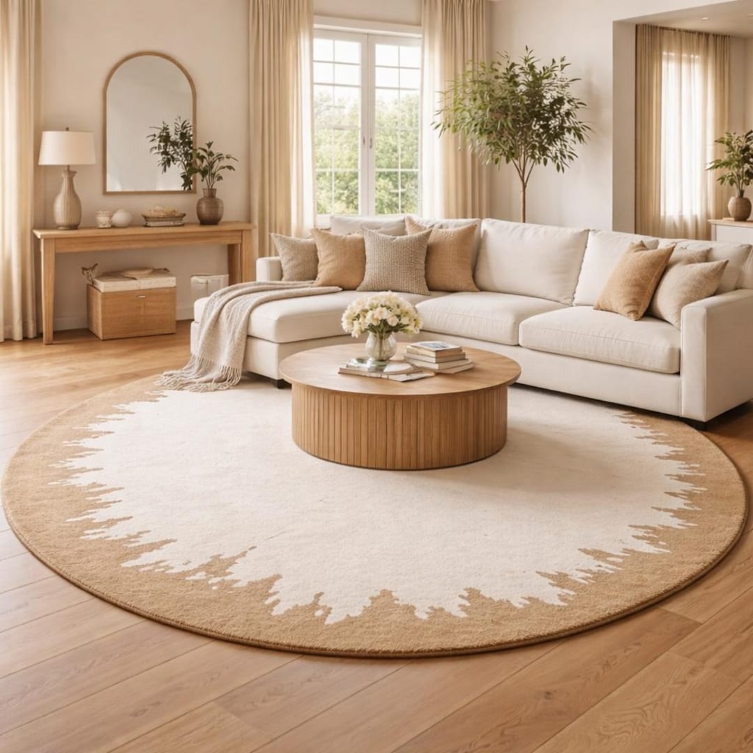 Round Hand Tufted Wool Rug, Beige Border Area Rug, Modern Neutral ...