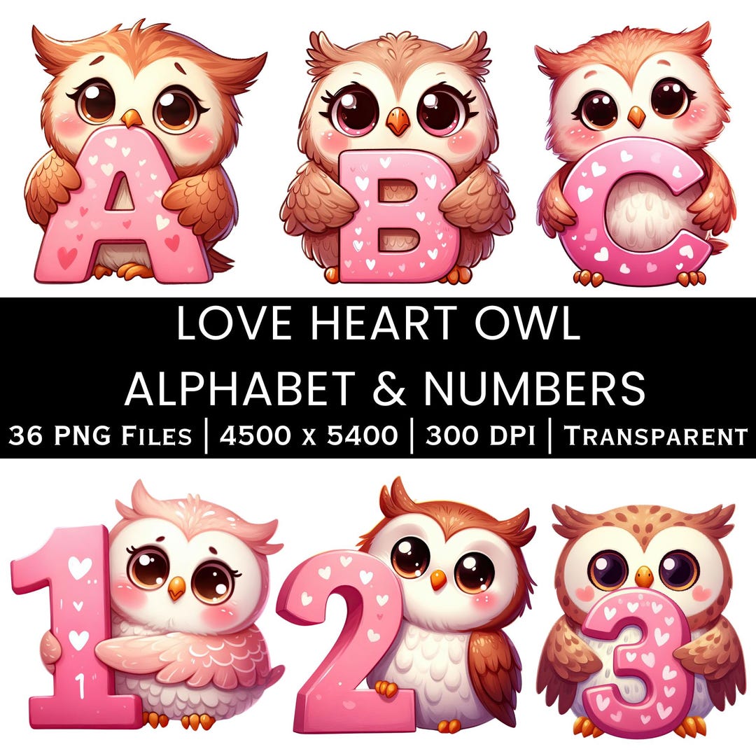 Love Heart Owl Alphabet & Numbers A to Z and 0 - 9 | Valentine Owl ...