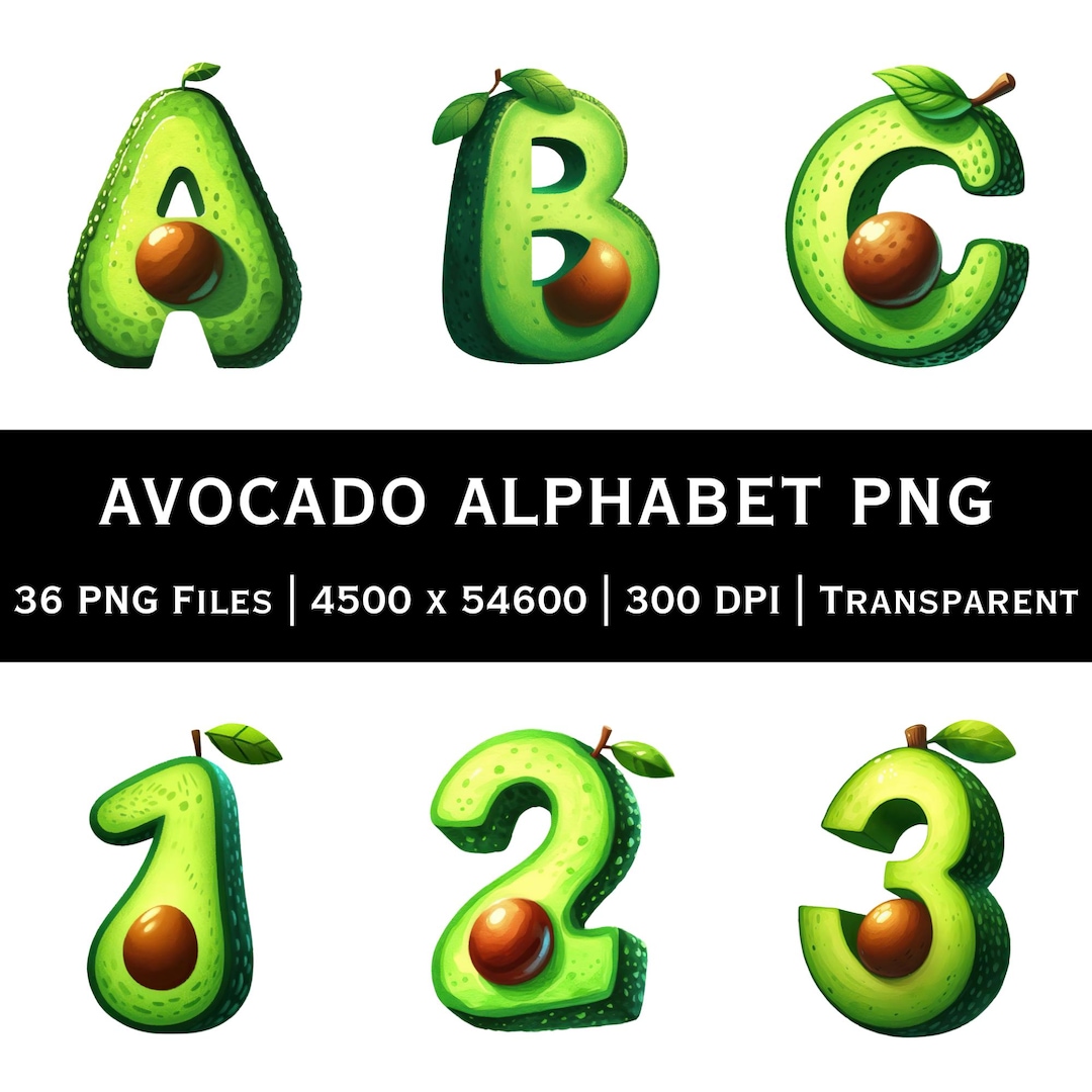 Avocado Alphabet PNG A-Z and 0-9 | Cute Food Alphabet Letters | Kids ...