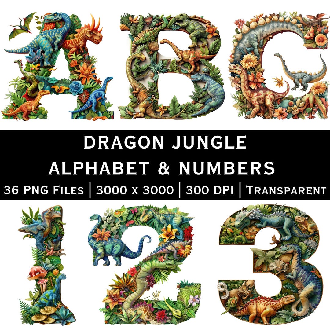 Dragon Jungle Alphabet A to Z and 0 to 9 PNG | Cute Dragon Letters ...