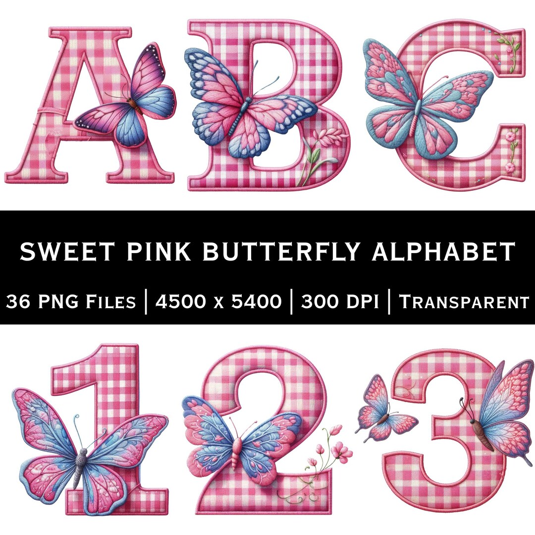 Sweet Pink Butterfly Alphabet and Numbers A to Z and 0 to 9 Cute Letter ...